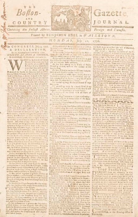 [DECLARATION OF INDEPENDENCE]. Boston Gazette and Country Journal ...