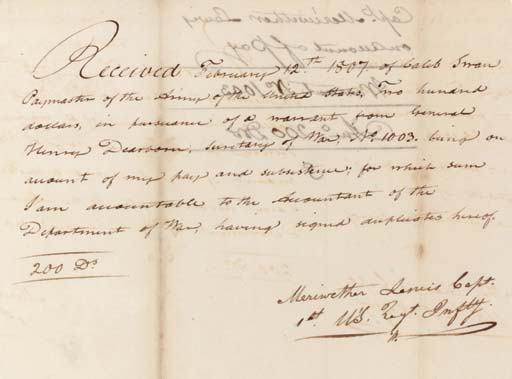 LEWIS, Meriwether (1774-1809), Explorer. Autograph document signed ...