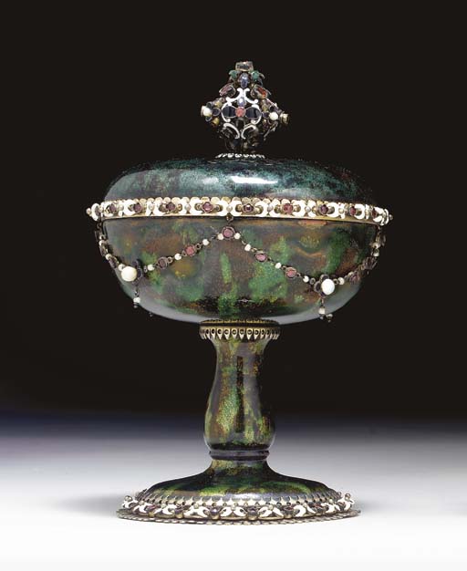 AN AUSTRIAN SILVER-GILT, GEM-SET AND ENAMEL MOUNTED ROCK CRYSTAL SCENT ...