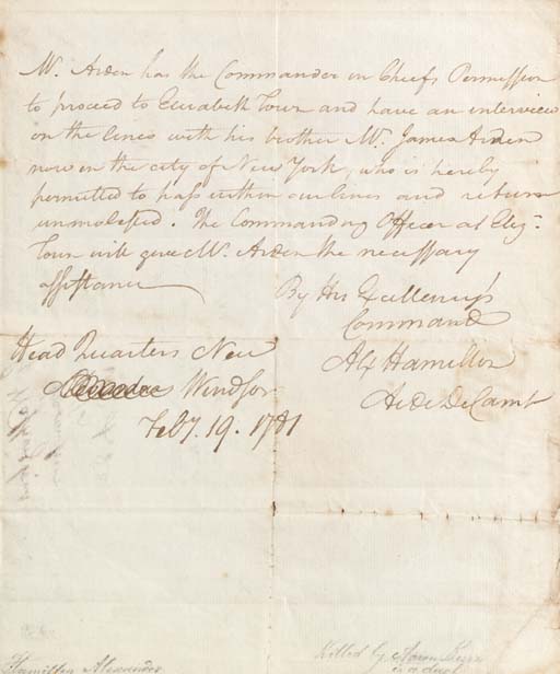 HAMILTON, Alexander. Autograph letter signed ("A. Hamilton") to Lt. Col ...
