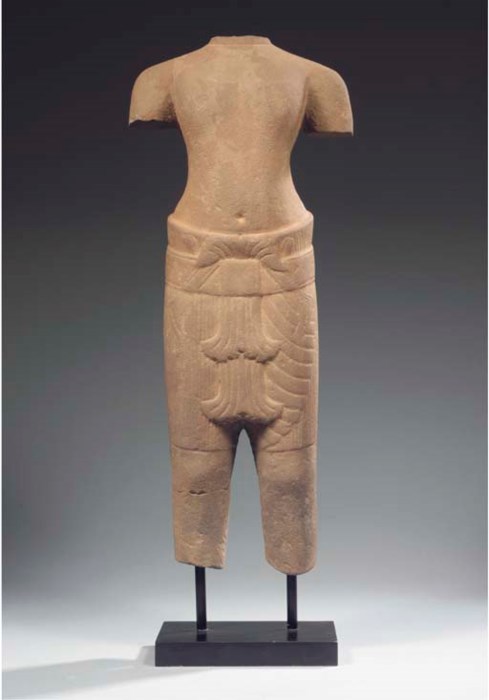 a khmer, angkor vat style, sandstone male torso