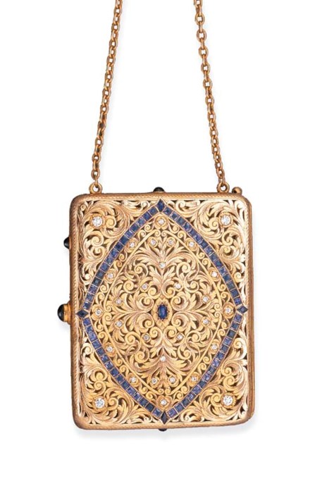 AN ANTIQUE GOLD, SAPPHIRE AND DIAMOND VANITY CASE, MADE FOR TIFFANY ...