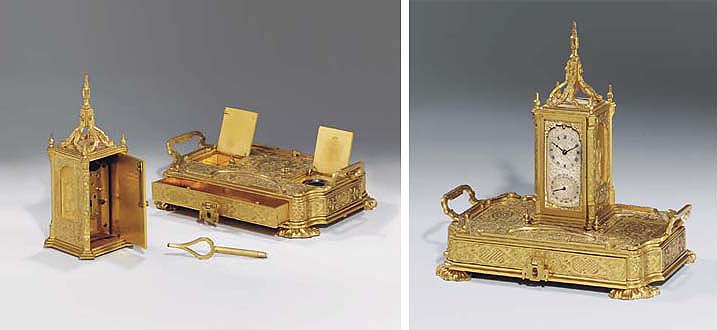 A Victorian engraved gilt-brass desk compendium