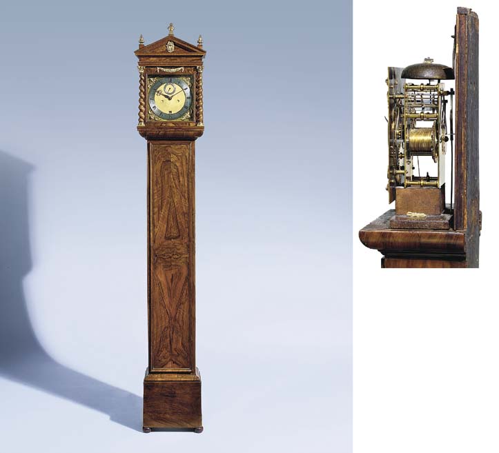 A Charles II walnut architectural longcase clock