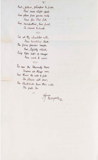 TENNYSON, Alfred, 1st Baron (1809-1892). Autograph manuscript signed ...