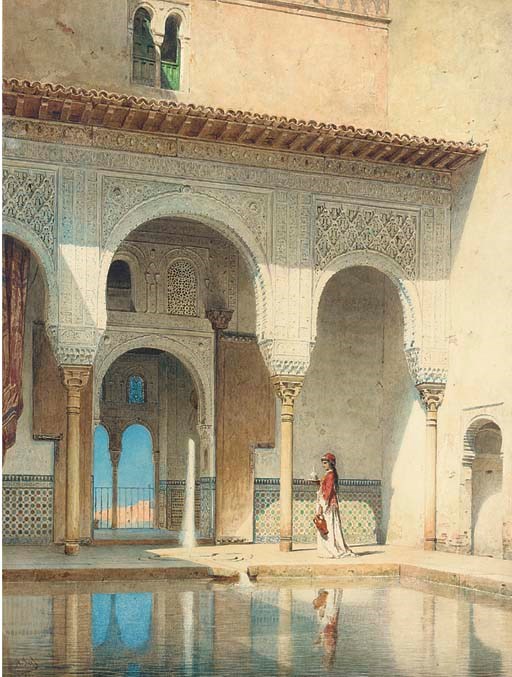 Adolf Seel (German, 1829-1907) , A courtyard in the Alhambra Palace ...
