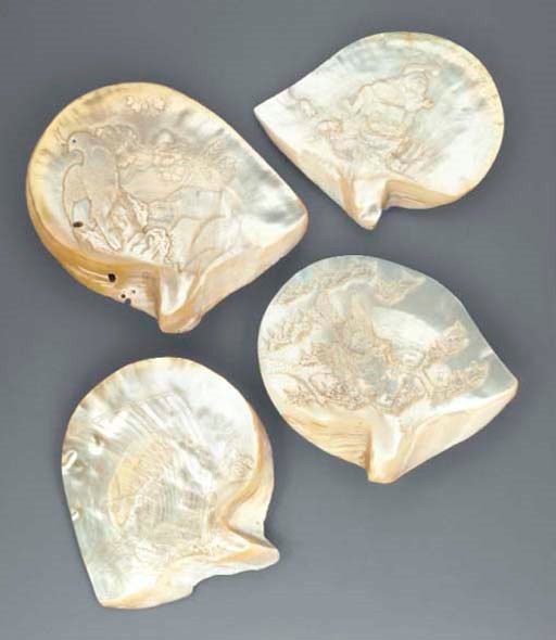 Four Japanese carved mother of pearl shells, 19th Century | Christie's