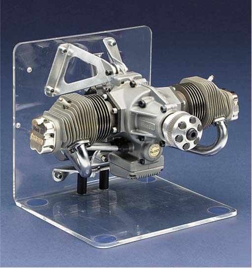 A fine Kavan horizontally opposed twin cylinder spark plug engine,