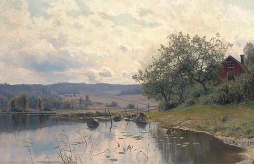 Edvard Rosenberg (Swedish, 1858-1934) , A tranquil river landscape ...