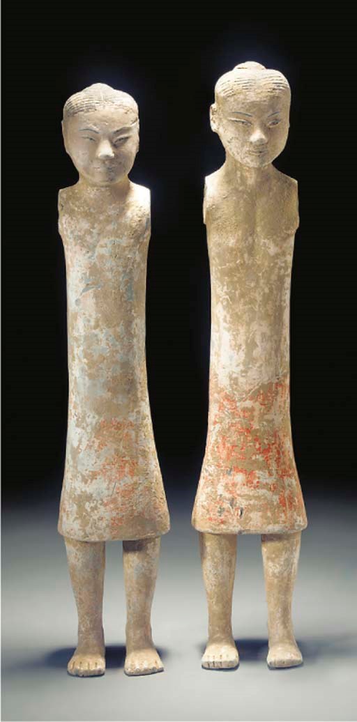 A pair of Chinese pottery stick figures, Han dynasty | Christie's