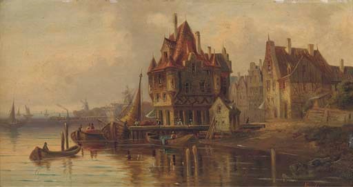 Van Hoom (Dutch, 19th Century) , A view of a Dutch town from a river ...