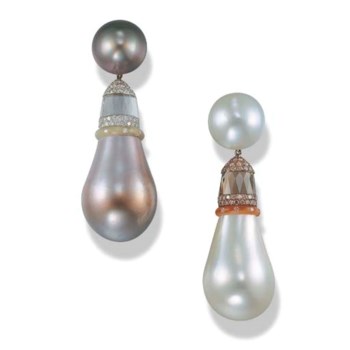 A SUPERB PAIR OF NATURAL PEARL AND MULTI-GEM EAR PENDANTS, BY ETCETERA ...