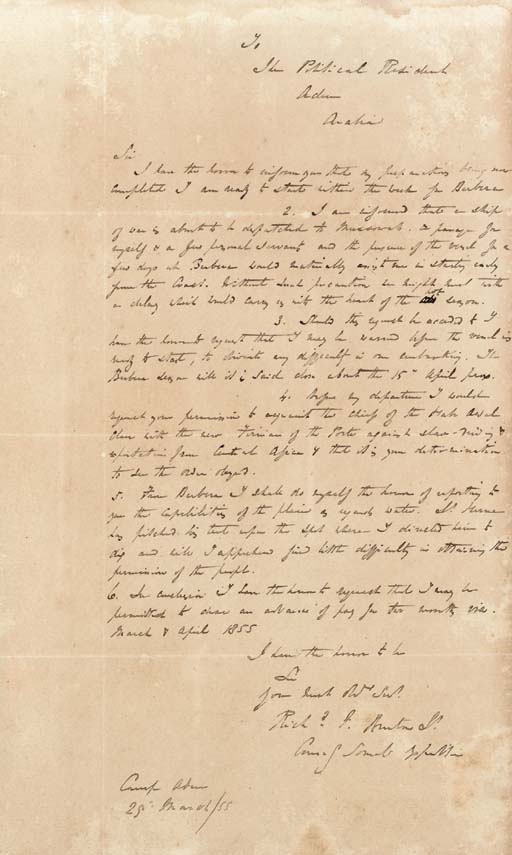 BURTON, Richard F. Autograph letter signed ("Richd F. Burton") to the ...