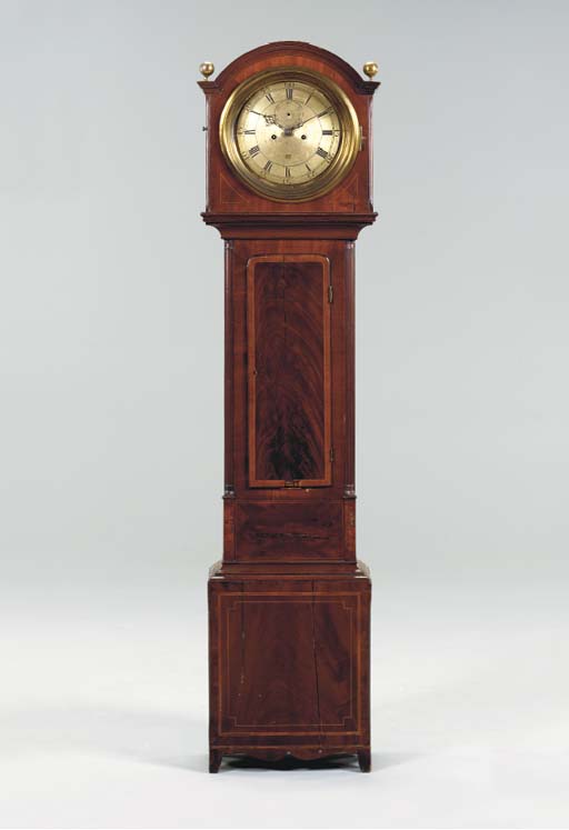A LATE GEORGE III LINE-INLAID MAHOGANY LONGCASE CLOCK,