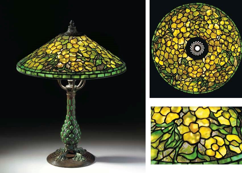 AN 'ALAMANDER' LEADED GLASS AND RETICULATED BRONZE TABLE LAMP , TIFFANY ...