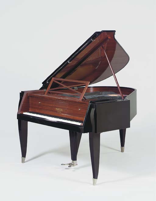 A BLACK LACQUER, ROSEWOOD, IVORY AND SILVERED-METAL BABY GRAND PIANO**