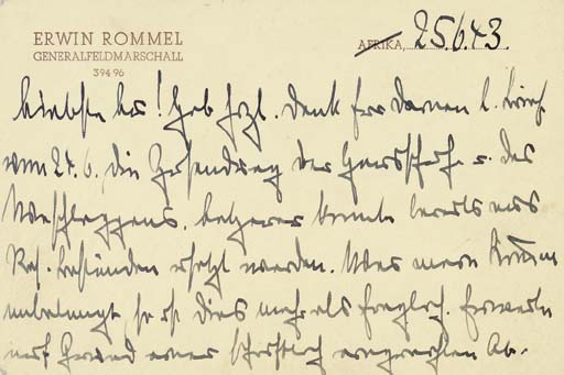 ROMMEL, Erwin. Autograph letter signed ("Erwin") to his wife ("Dearest ...