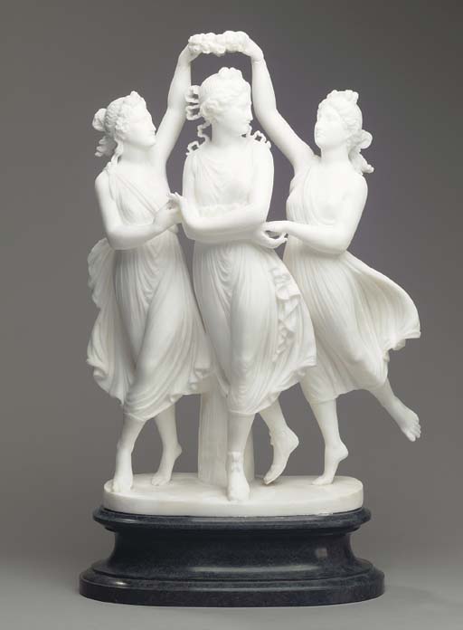 AN ALABASTER SCULPTURE OF THE THREE GRACES ON A MARBLE BASE,