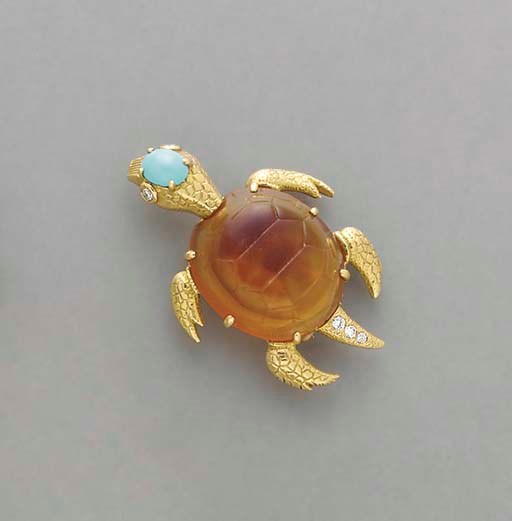 **A TORTOISE SHELL, TURQUOISE, DIAMOND AND 18K GOLD TURTLE BROOCH, BY ...