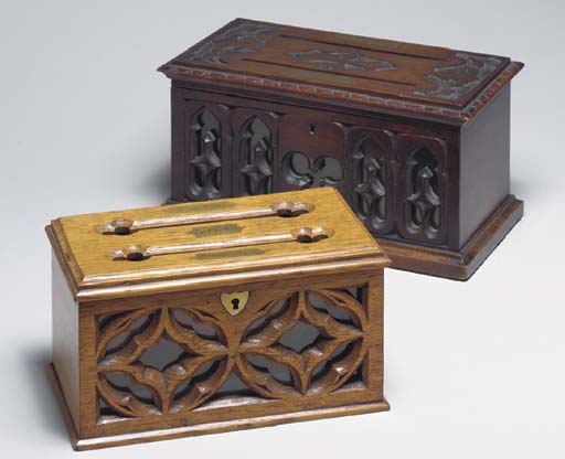 TWO VICTORIAN GOTHIC REVIVAL LETTER BOXES,