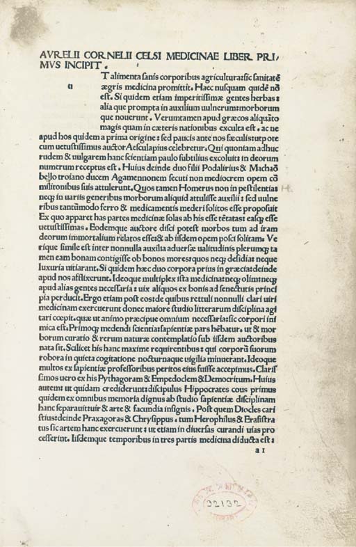 CELSUS, Aulus Cornelius (ca 25 B.C.-ca 50 A.D.). De medicina. Milan ...