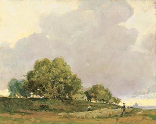 Alberto Carosi (Italia 1891-1967) , Gregge nel paesaggio, con Roma ...