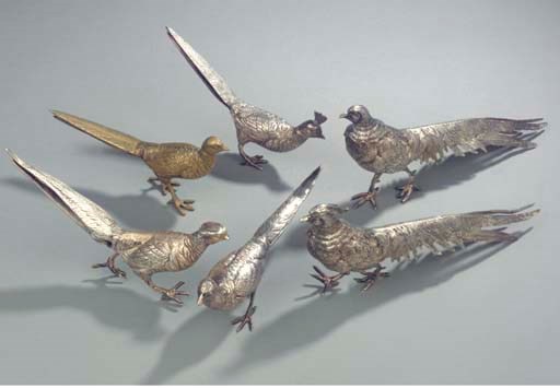 A silver bird and five plated birds , MARKED 800S, 20TH CENTURY ...