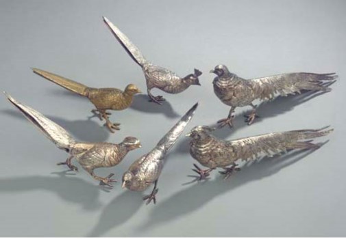 A silver bird and five plated birds , MARKED 800S, 20TH CENTURY ...