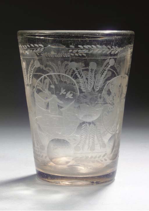 A Dutch-engraved cut-glass floral beaker vase