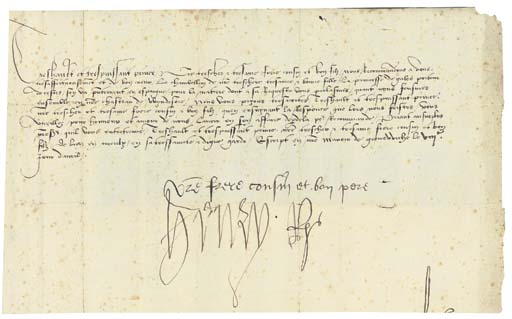 HENRY VII ( King of England 1485-1509). Letter signed (with fine ...