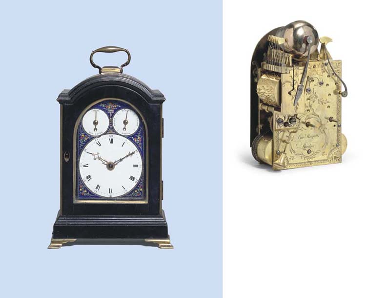 An unusual George III ebonised and enamel miniature musical bracket clock