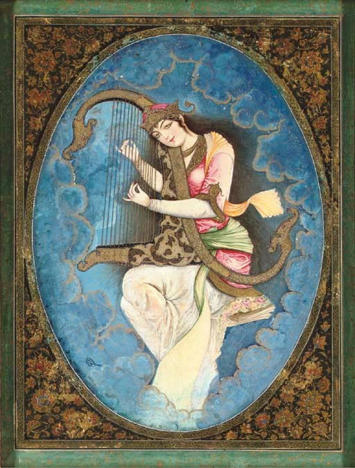 A HOURI; AND A MAIDEN IN LANDSCAPE , BY HUSAYN TAHER BEHZAD, QAJAR IRAN ...