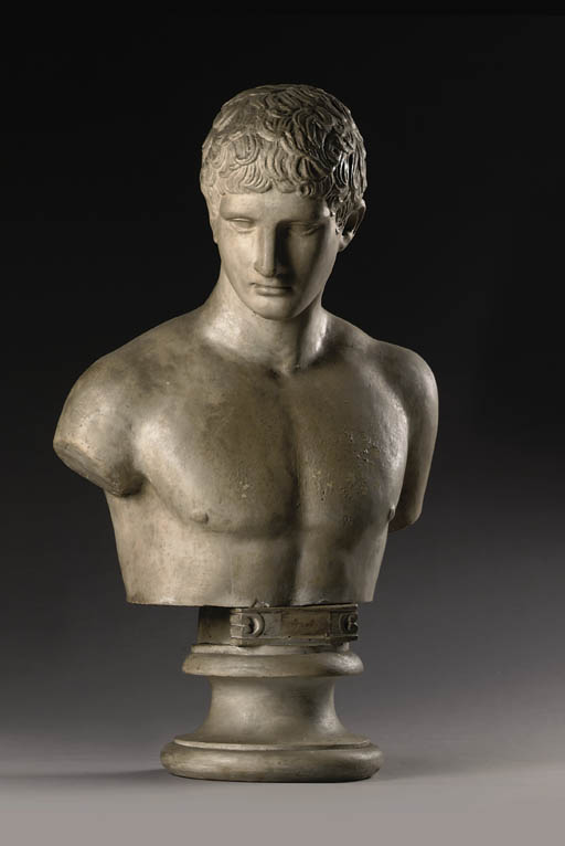 A GREY-PAINTED PLASTER BUST OF APOLLO