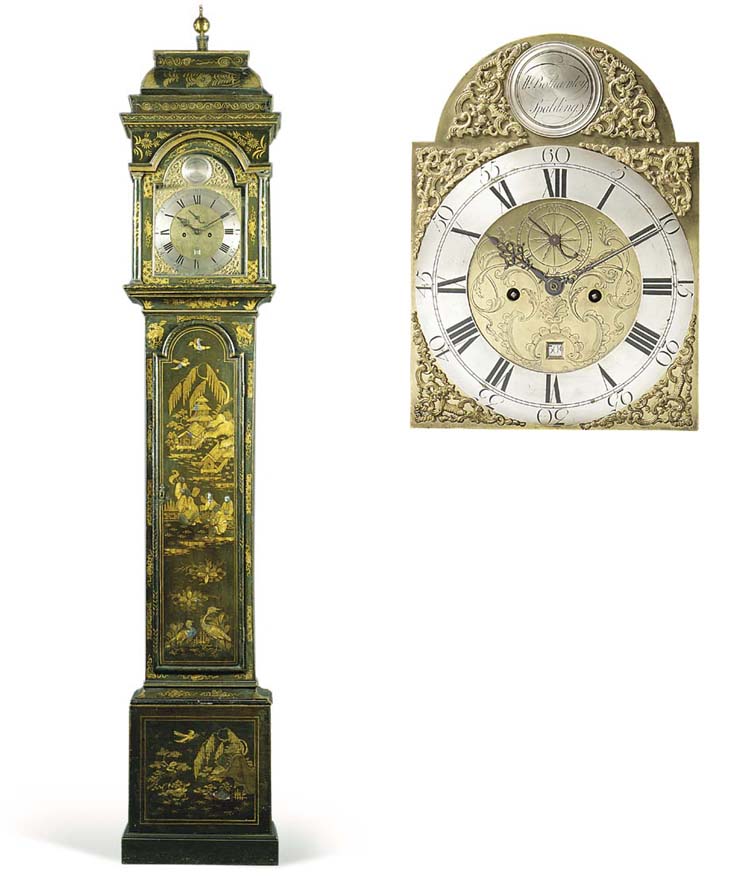 A GEORGE III GREEN AND GILT-JAPANNED LONGCASE CLOCK