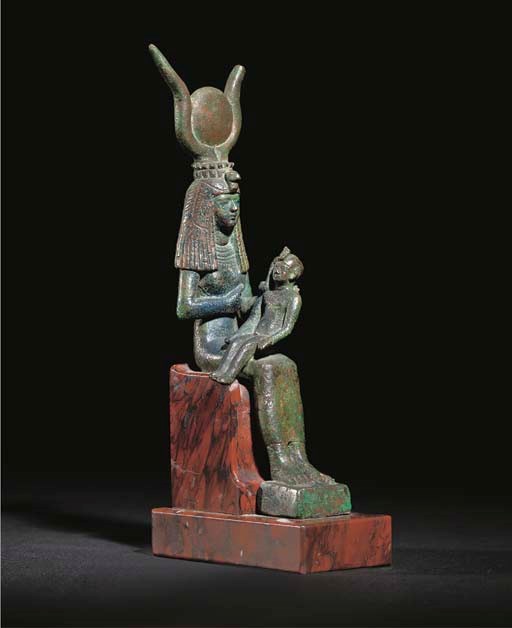 AN EGYPTIAN BRONZE SEATED FIGURE OF ISIS WITH HORUS , LATE PERIOD ...