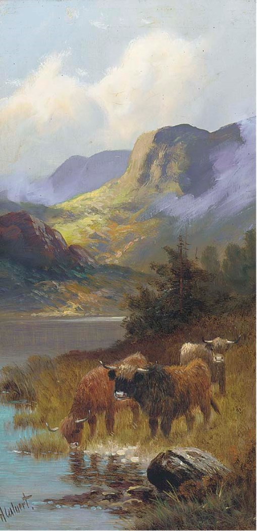 H. Calvert, late 19th Century , Highland cattle watering; and Highland ...
