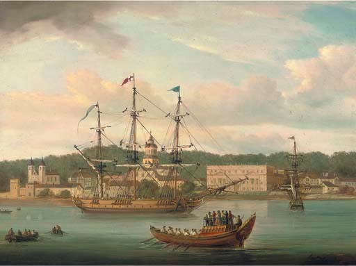 J.V. Fussier [?], 20th Century , An English man-o'war lying off a ...