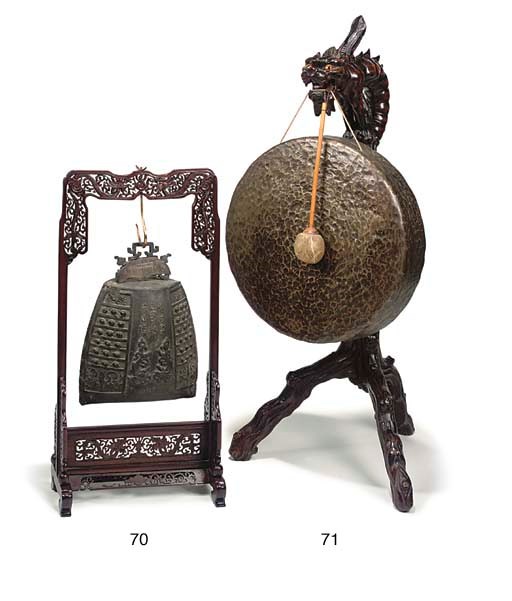 A PRESENTATION CHINESE BRONZE BELL ON HARDWOOD STAND , CIRCA 1913 ...