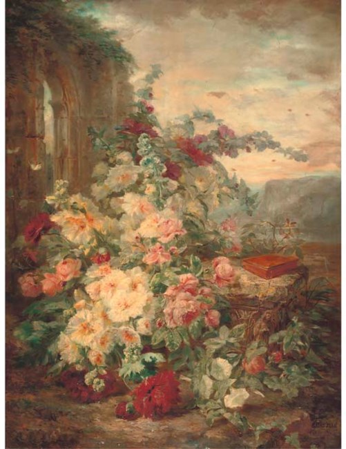 Simon Saint-Jean (French, 1808-1860) , A book on a plinth by a rose ...