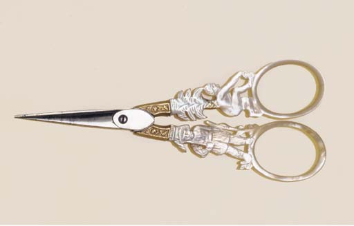 A PAIR OF PALAIS ROYAL MOTHER-OF-PEARL HANDLED SCISSORS