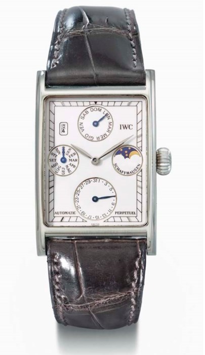 IWC. A fine platinum rectangular self-winding perpetual calendar ...