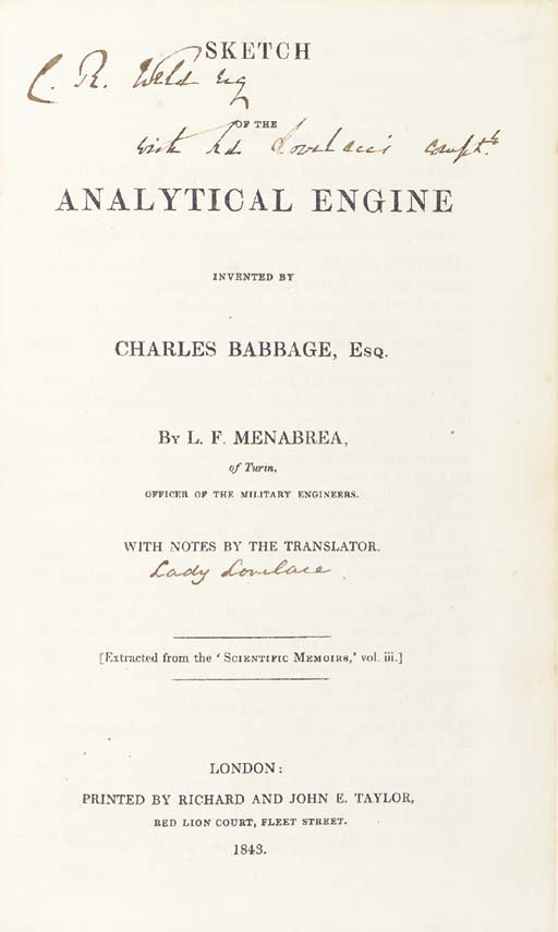 MENABREA, Luigi Federico. Sketch of the Analytical Engine invented by ...