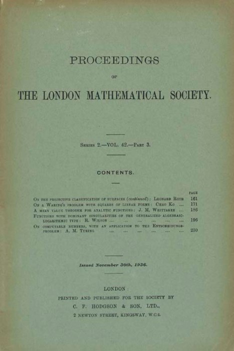 TURING, Alan Mathison (1912-1954). "On computable numbers, with an ...