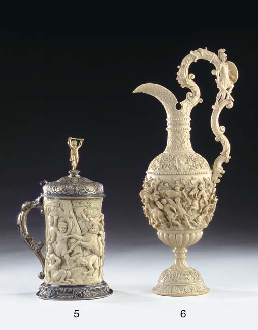 A German Renaissance revival silver-mounted carved ivory tankard ...
