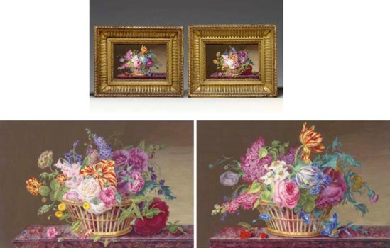 A PAIR OF SEVRES FLOWER STILL LIFE PAINTINGS (TABLEAUX), EACH WITH BLUE ...