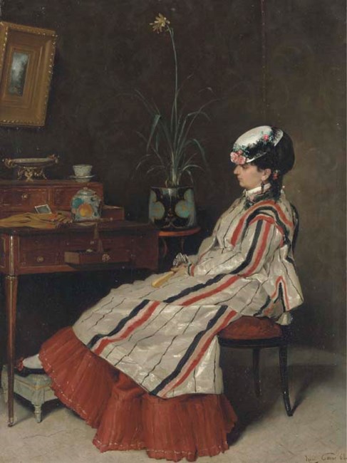 Henri René Gaume (French, b. 1834) , A Woman in a Striped Jacket at a ...