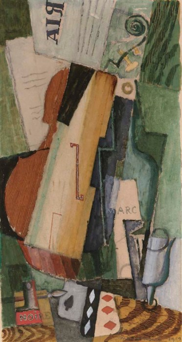 Louis Marcoussis (1883-1941) , Violon, bouteilles de Marc et cartes ...