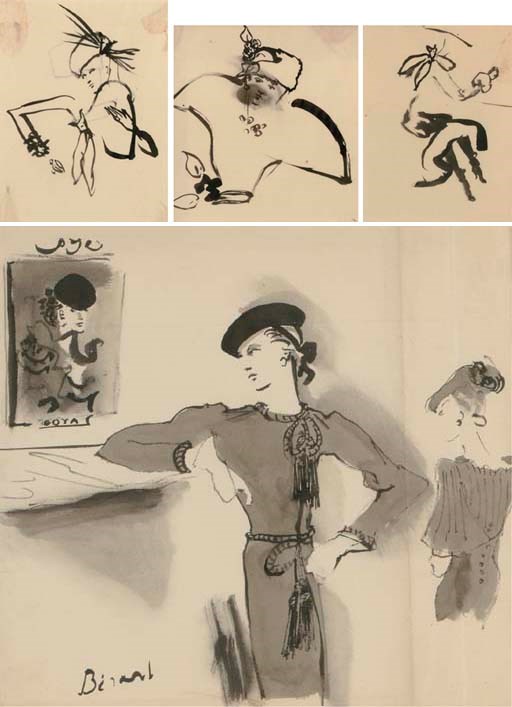 CHRISTIAN BERARD (1902-1949) , FOUR INK ON PAPER FASHION DRAWINGS ...