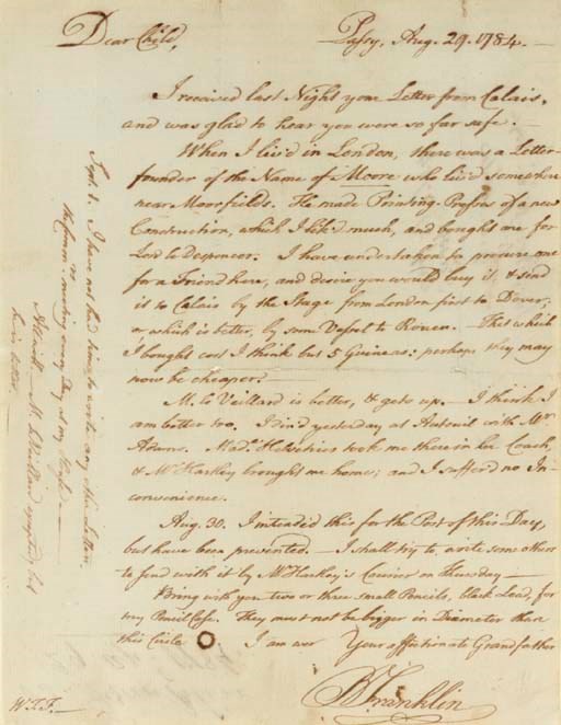 FRANKLIN, Benjamin. Autograph letter signed ("B Franklin," with large ...