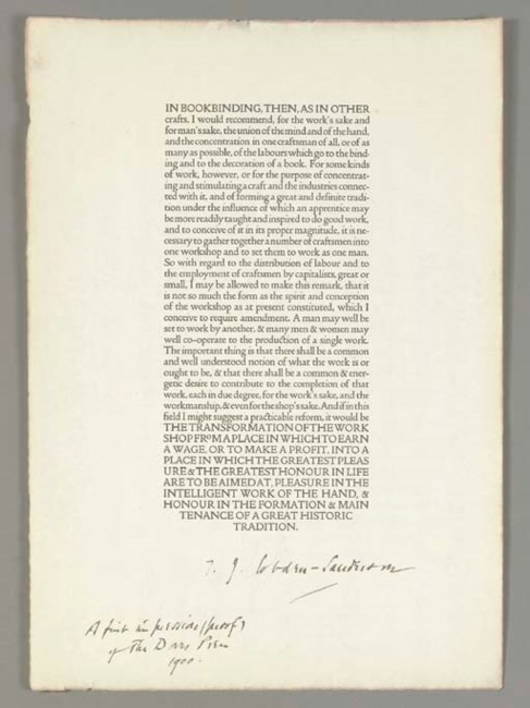 COBDEN-SANDERSON, Thomas James (1840-1922). On founding a workshop, two ...